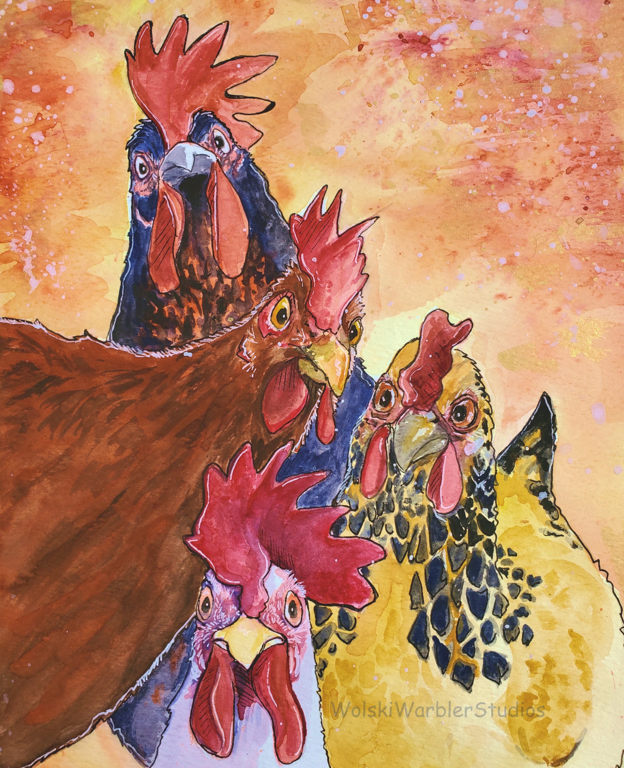 Colorful Chickens, 8x10 Art Print, Chicken Decor, Crazy Chicken Lady ...