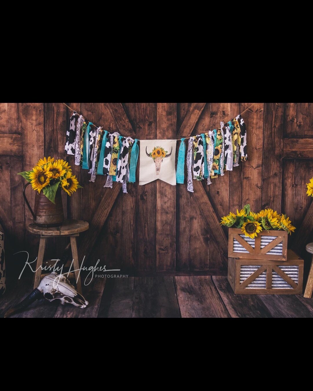 Western Boho Sunflower and Cow Print Fabric Banner, Boho Sunflower ...