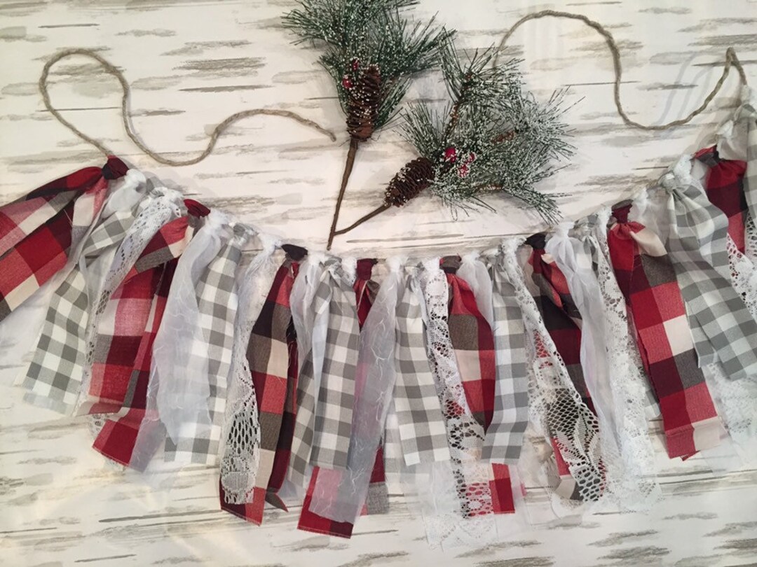 Farmhouse Valentines Swag Banner, Buffalo Plaid Decor Fabric Banner ...