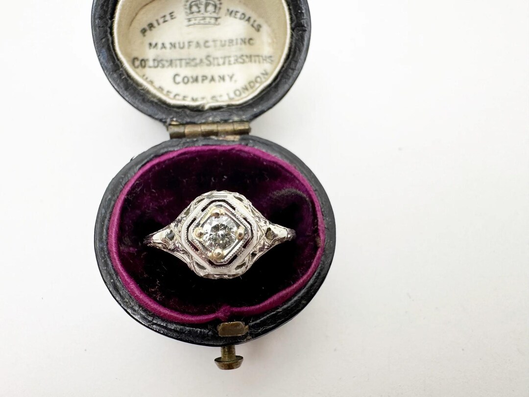 1920's 18k White Gold Diamond Solitaire Filigree Ring - Engagement or ...