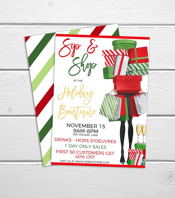 Editable Sip And Shop Invitation, Winter Holiday Christmas Invite ...