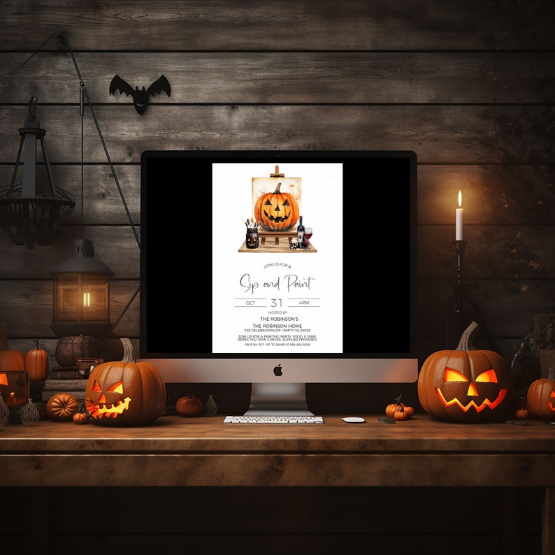 Halloween Sip and Paint Party Invitation, Halloween Wine Painting Party ...