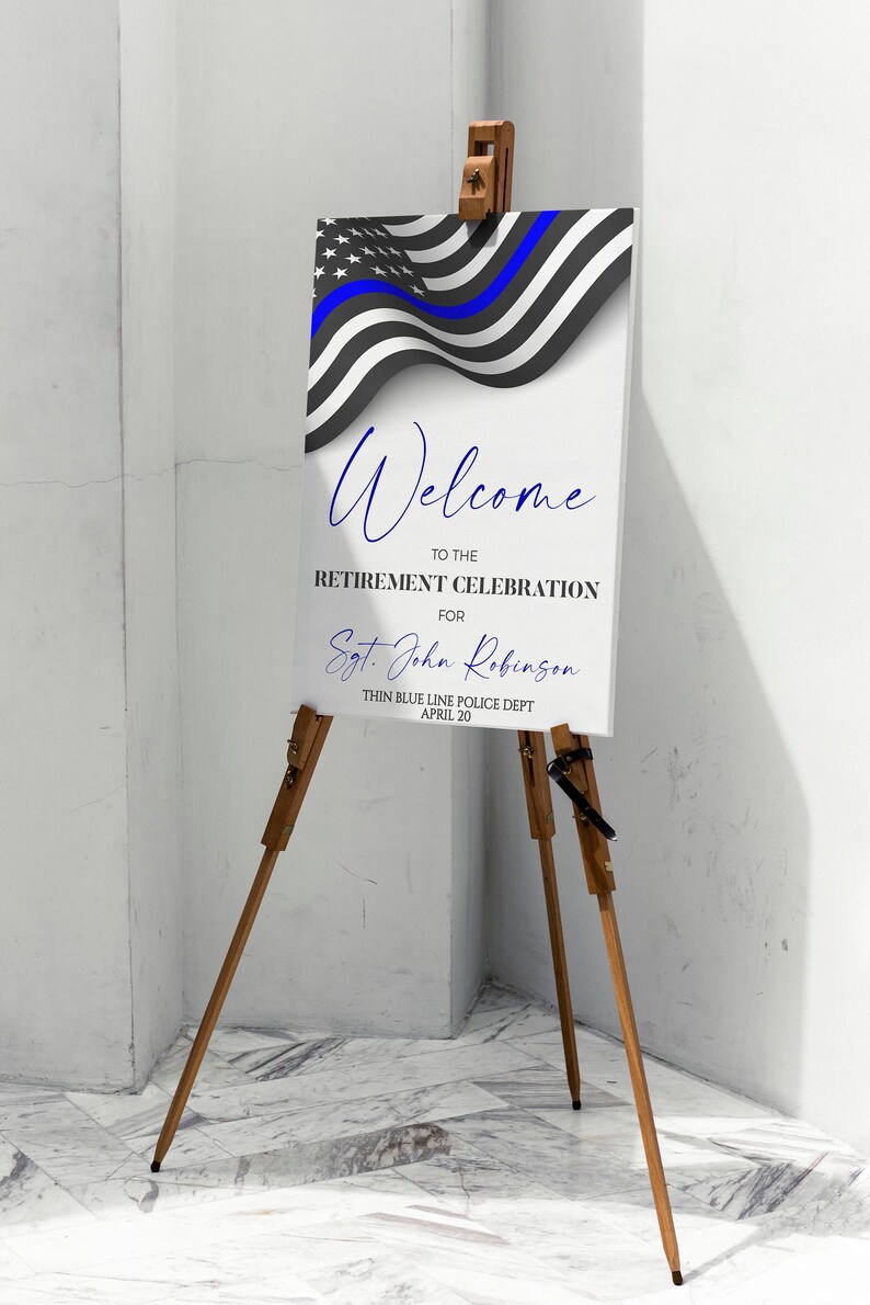 Police Officer Retirement Sign, Editable Thin Blue Line Poster, Police ...