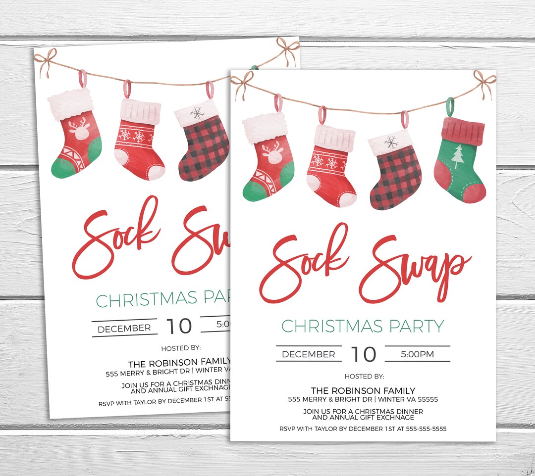 Christmas Sock Swap Party Invitation Editable Holiday Sock - Etsy