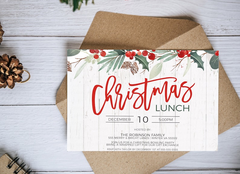 Editable Christmas Lunch Party Invitation, Brunch Luncheon Dinner ...