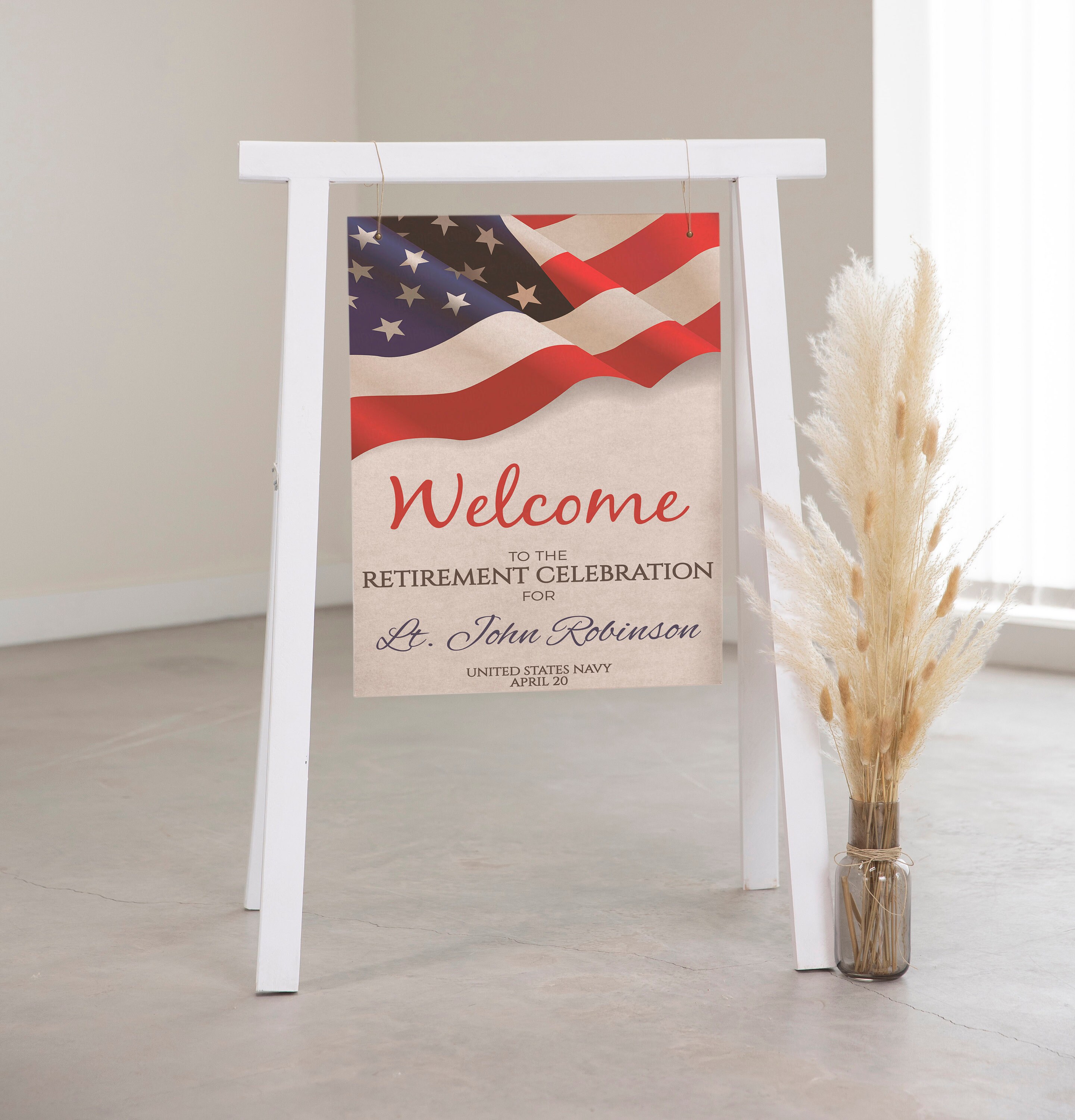 Editable American Flag Party Sign, Retirement Ceremony, Hail & Bail ...