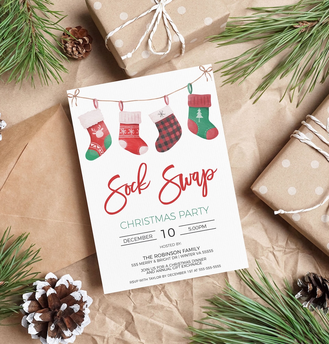 Christmas Sock Swap Party Invitation, Editable Holiday Sock Exchange ...