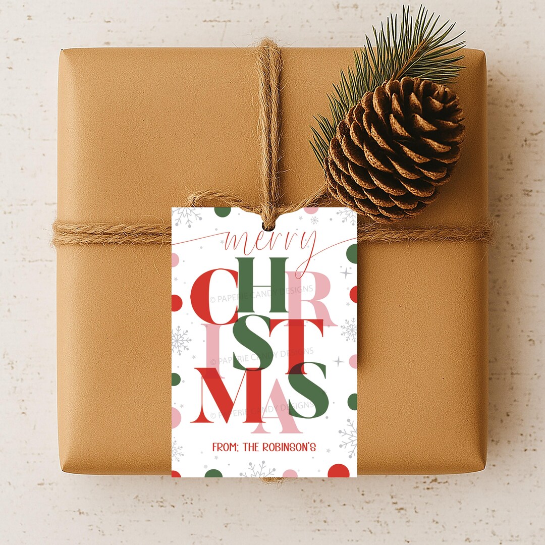 Merry Christmas Gift Tag, Classic Holiday Label, Pink Red Green Xmas ...