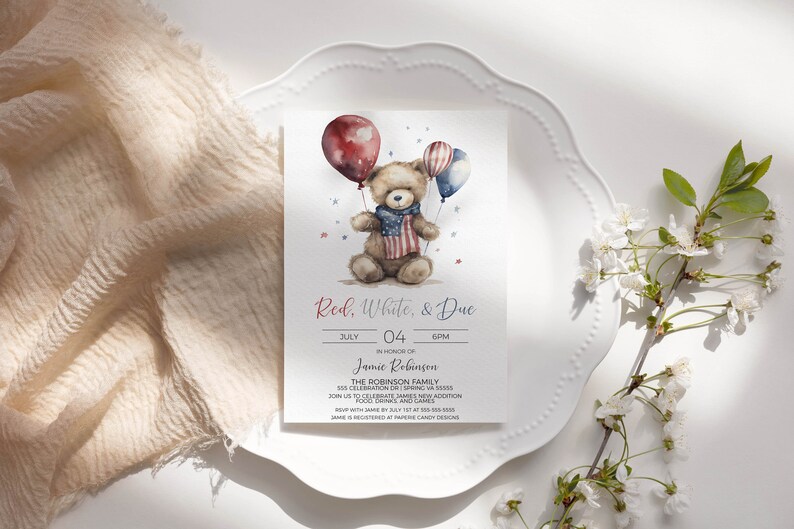 Red White & Due Baby Shower Invitation, 4th of July, Red White Blue ...