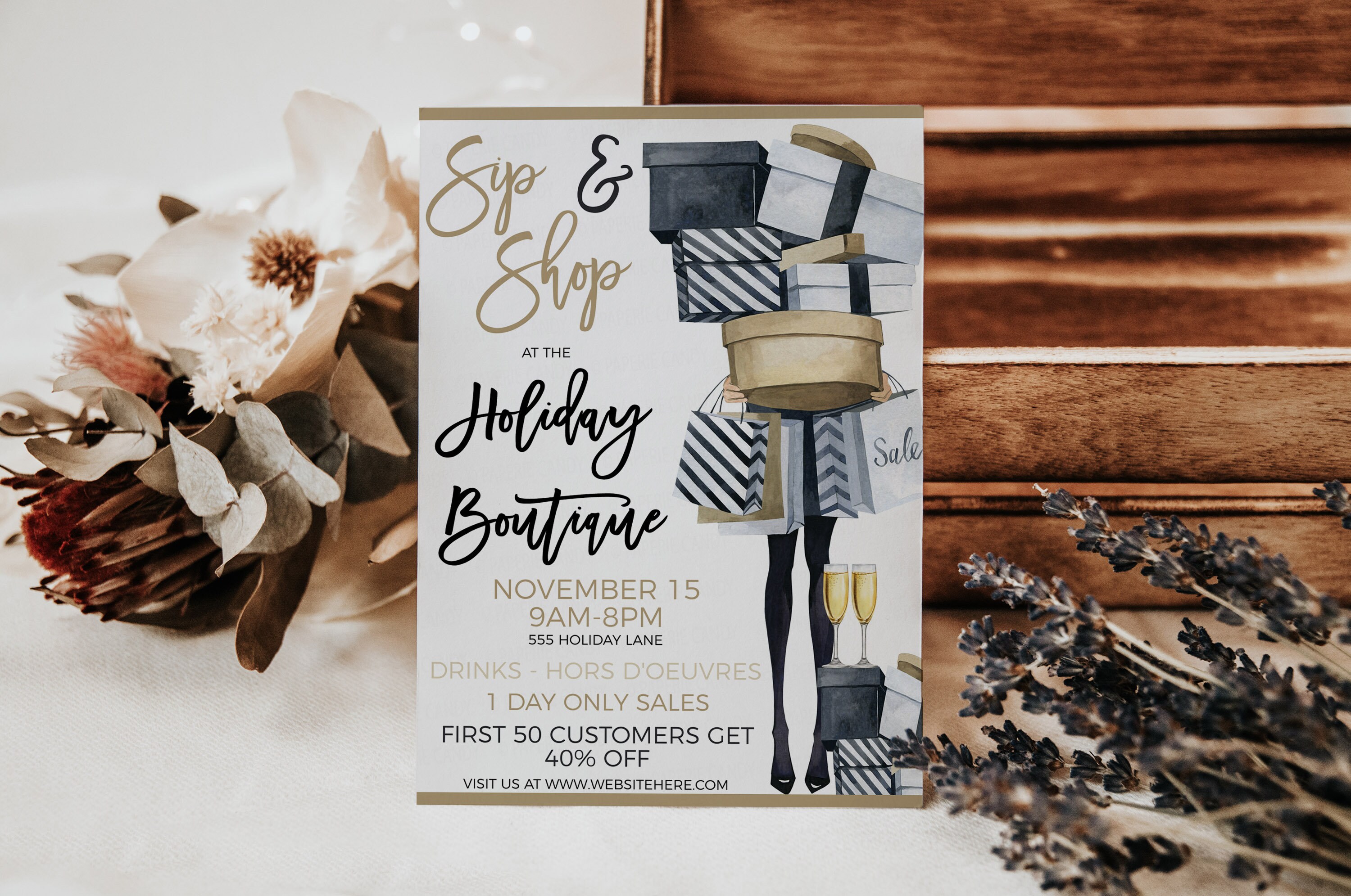 Editable Sip and Shop Invitation, Winter Holiday Christmas Invite ...