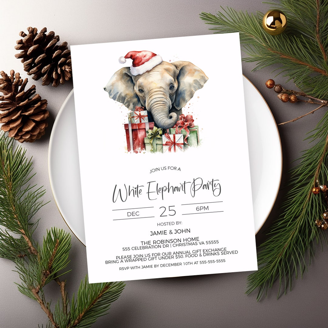 White Elephant Invitation, Holiday Gift Exchange Game Party Invite ...