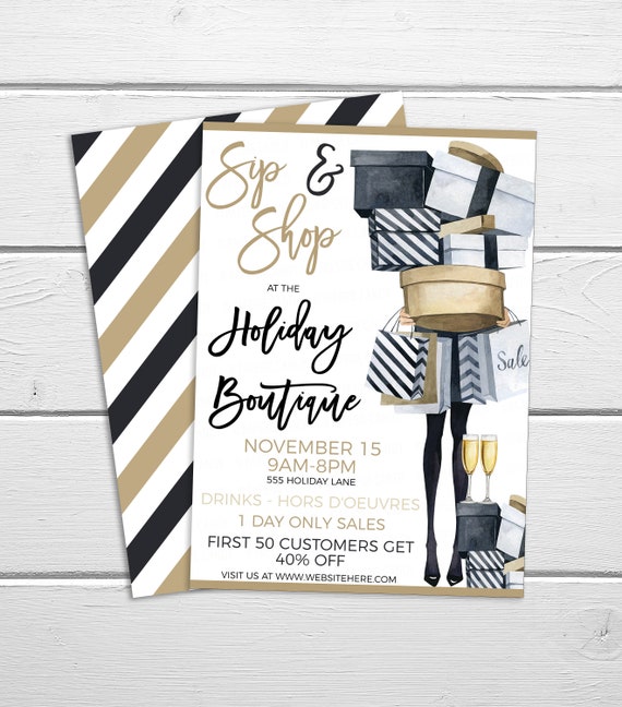 Editable Sip And Shop Invitation, Winter Holiday Christmas Invite ...
