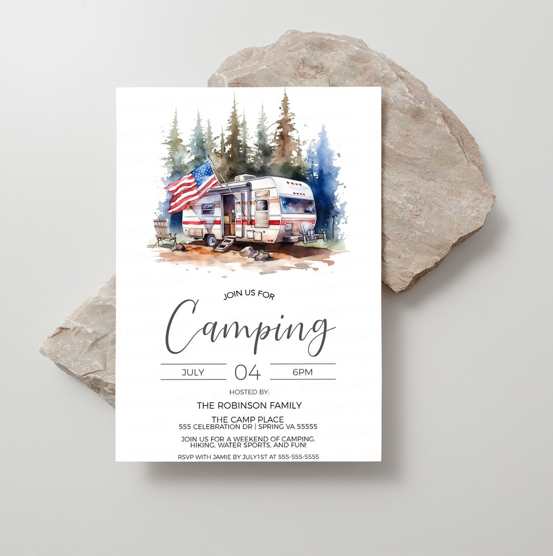 Patriotic Camping Invitation, RV Camping Party Invite, Independence Day ...