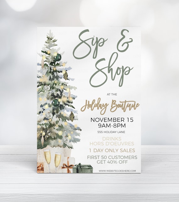 Editable Sip And Shop Invitation, Winter Holiday Christmas Invite ...