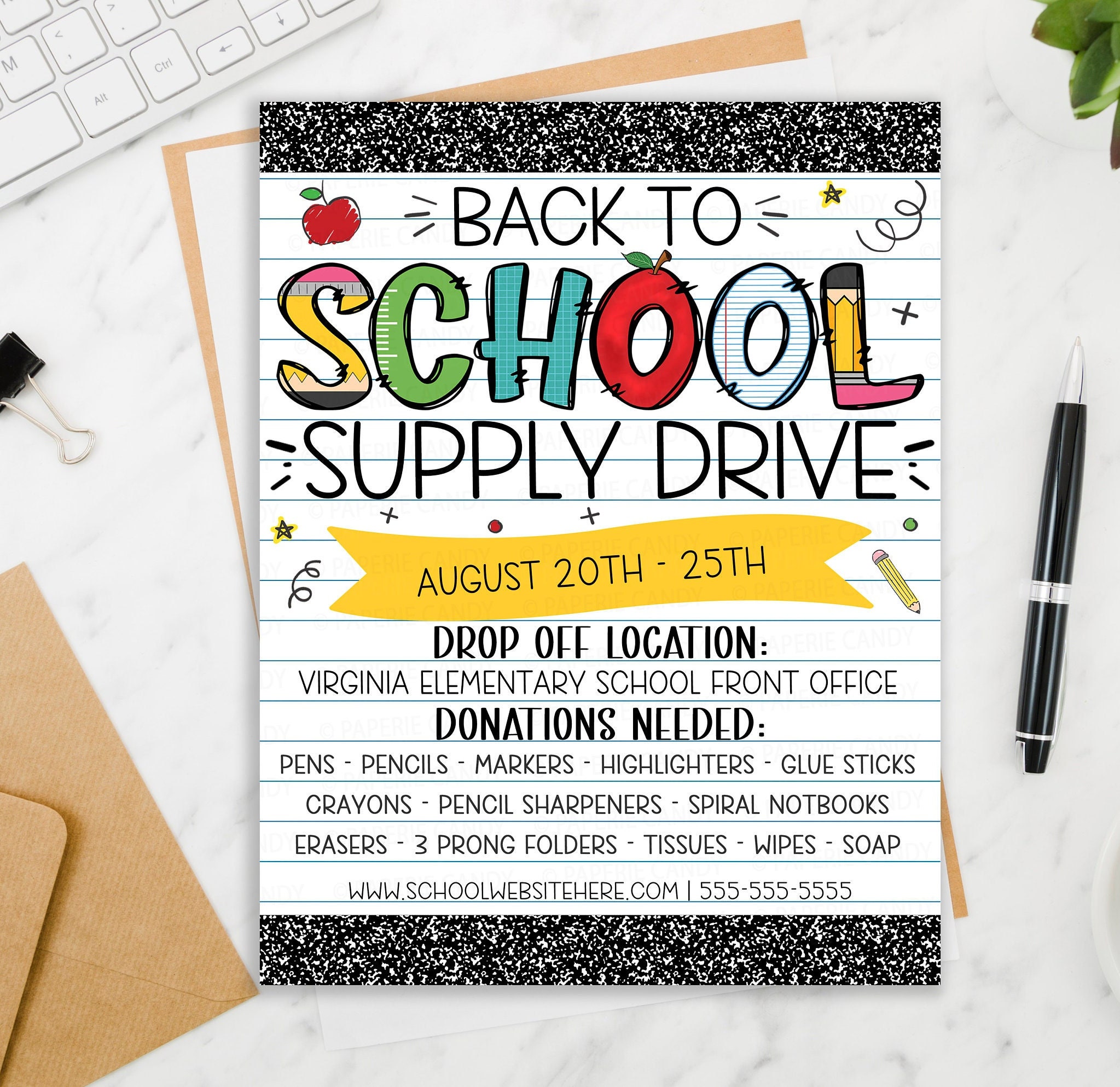 School Supply Drive Flyer, Printable Editable PTO PTA Flyer, Supplies ...
