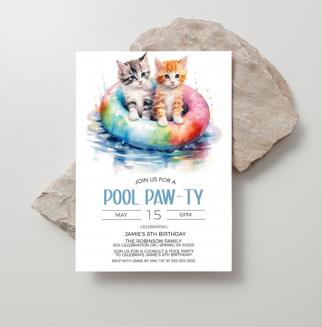 Cat Pool Party Invitation, Kitten Pawty Invite, Kittens Cats Birthday ...