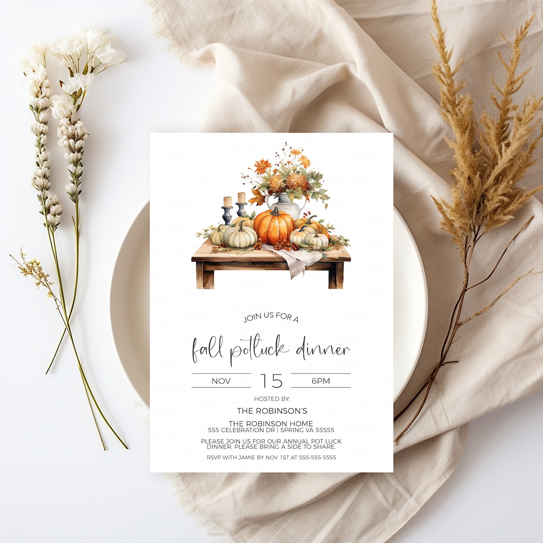 Fall Potluck Invitation, Thanksgiving Potluck Invite, Autumn Dinner ...