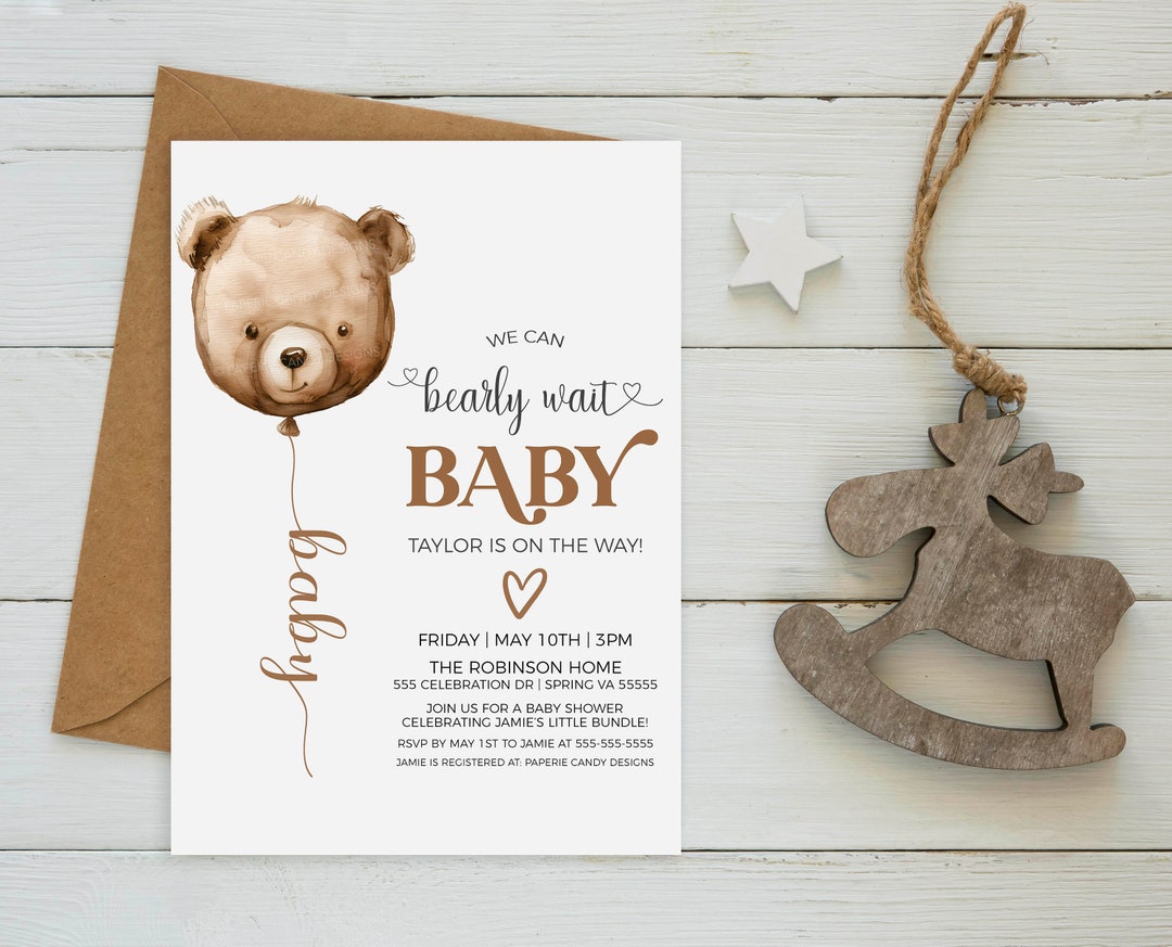 Gender Neutral Bear Baby Shower Invitation, We Can Bearly Wait Invite ...