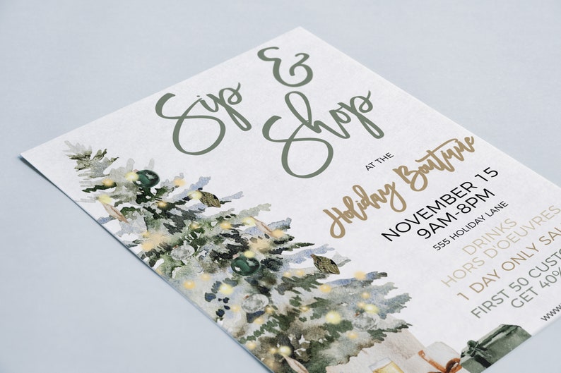 Editable Sip and Shop Invitation, Winter Holiday Christmas Invite ...