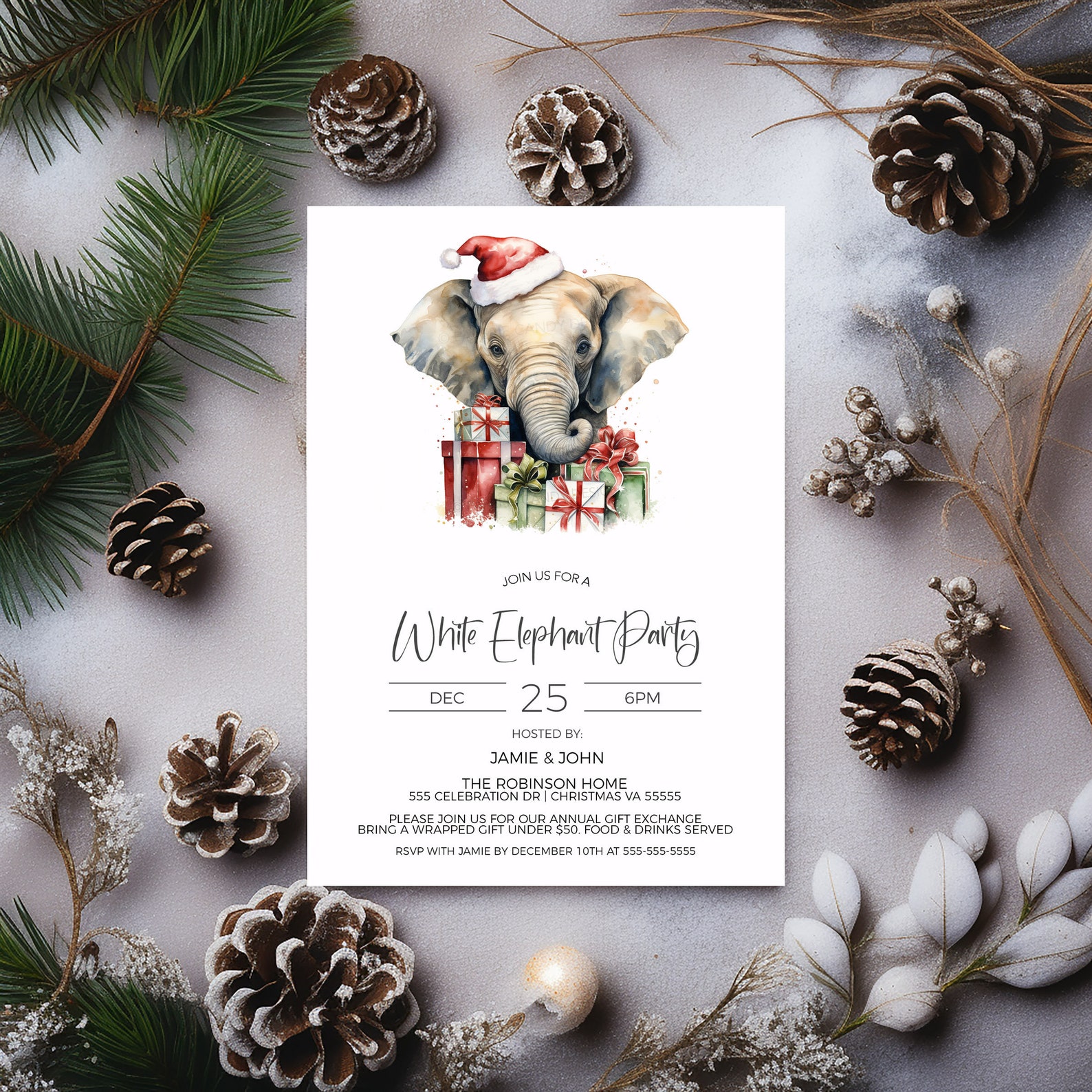 White Elephant Invitation, Holiday Gift Exchange Game Party Invite ...