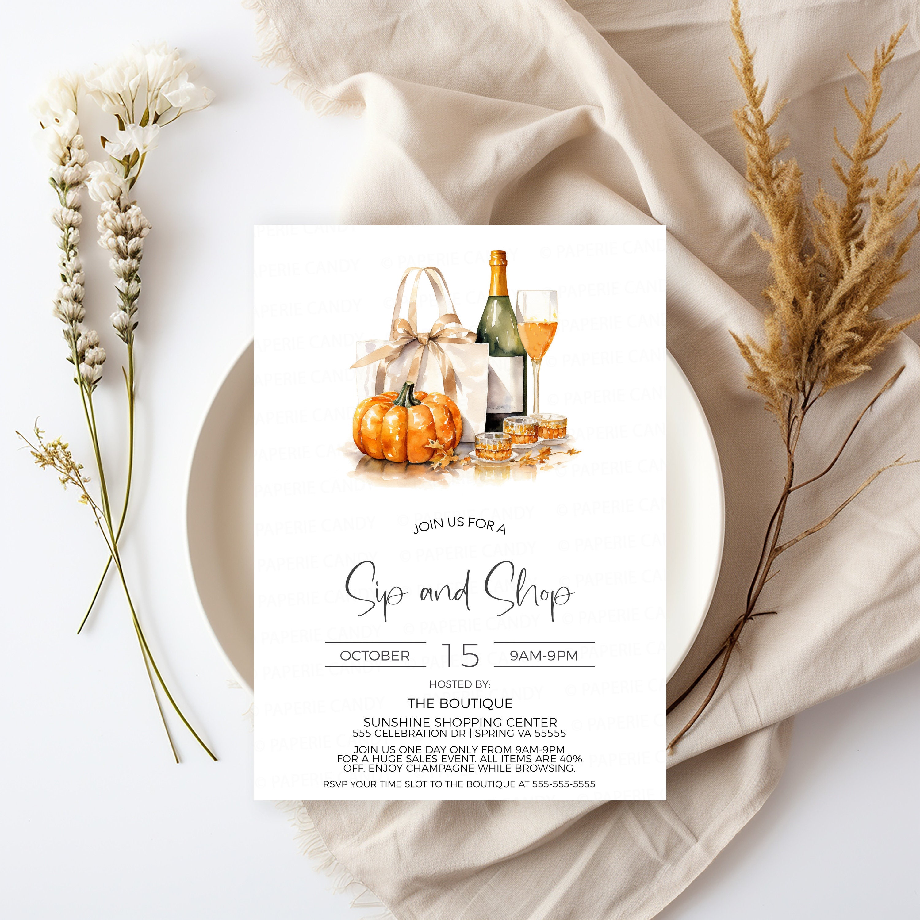 Fall Sip and Shop Invitation, Autumn Sip and Shop Invite, Thanksgiving ...