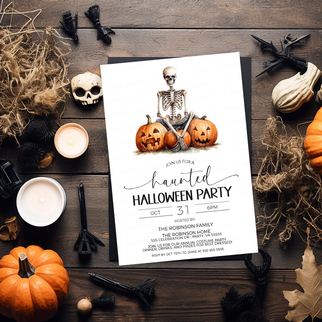 Haunted Halloween Party Invitation, Skeleton Pumpkin Invite, Costume ...