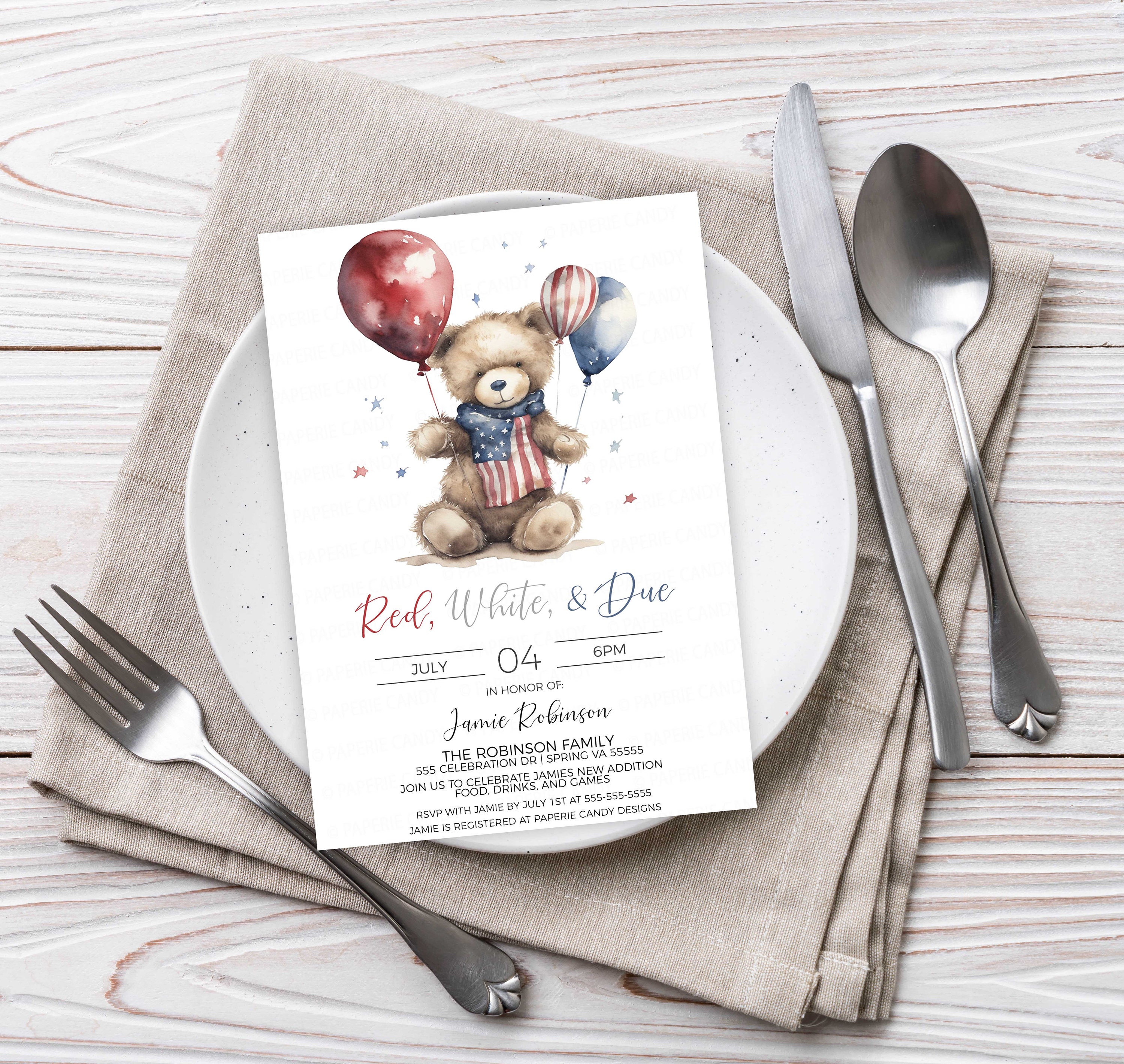 Red White & Due Baby Shower Invitation, 4th of July, Red White Blue ...