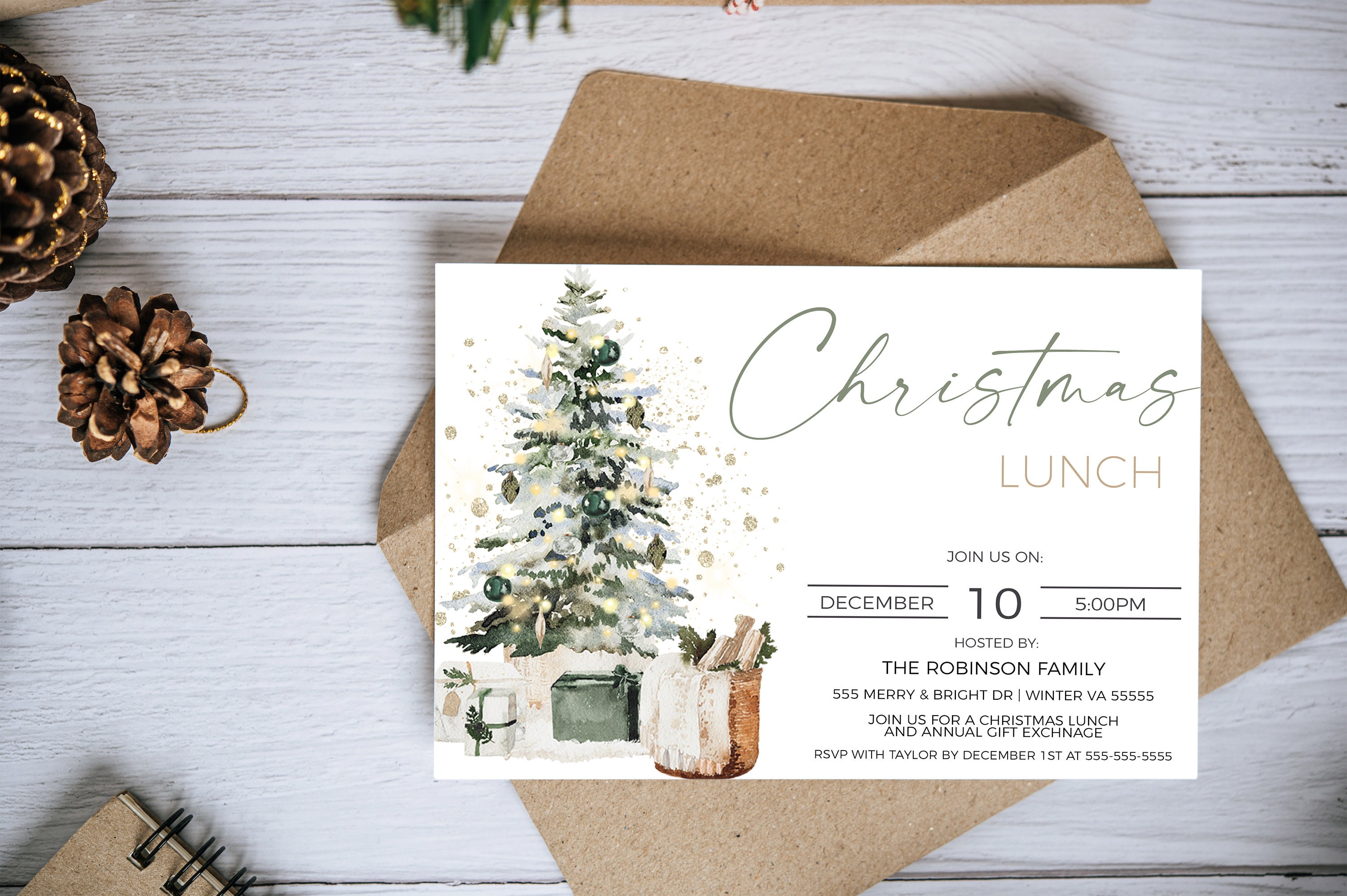 Editable Christmas Lunch Party Invitation, Brunch Luncheon Dinner ...