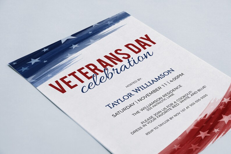 Veterans Day Invitation, Editable Patriotic Invite, 4th of July, Red ...