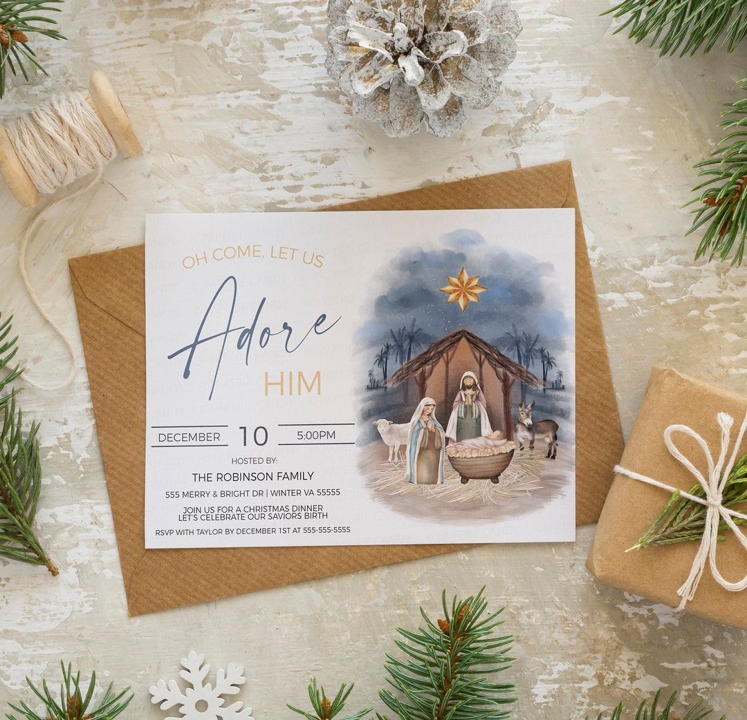 Christmas Nativity Invitation, O Come Let Us Adore Him Invite, Religious Christian Manger ...