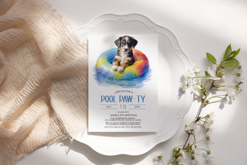 Dog Pool Party Invitation, Puppy Pawty Invite, Puppies Dogs Birthday ...