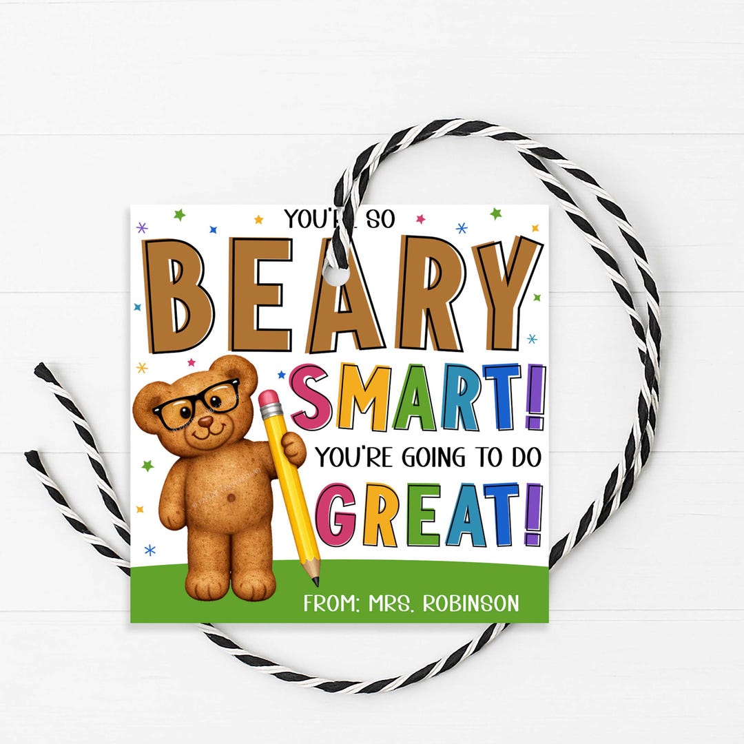 Beary Smart Test Day Gift Tag, Bear Graham Cracker, Bear Gummy, Testing ...