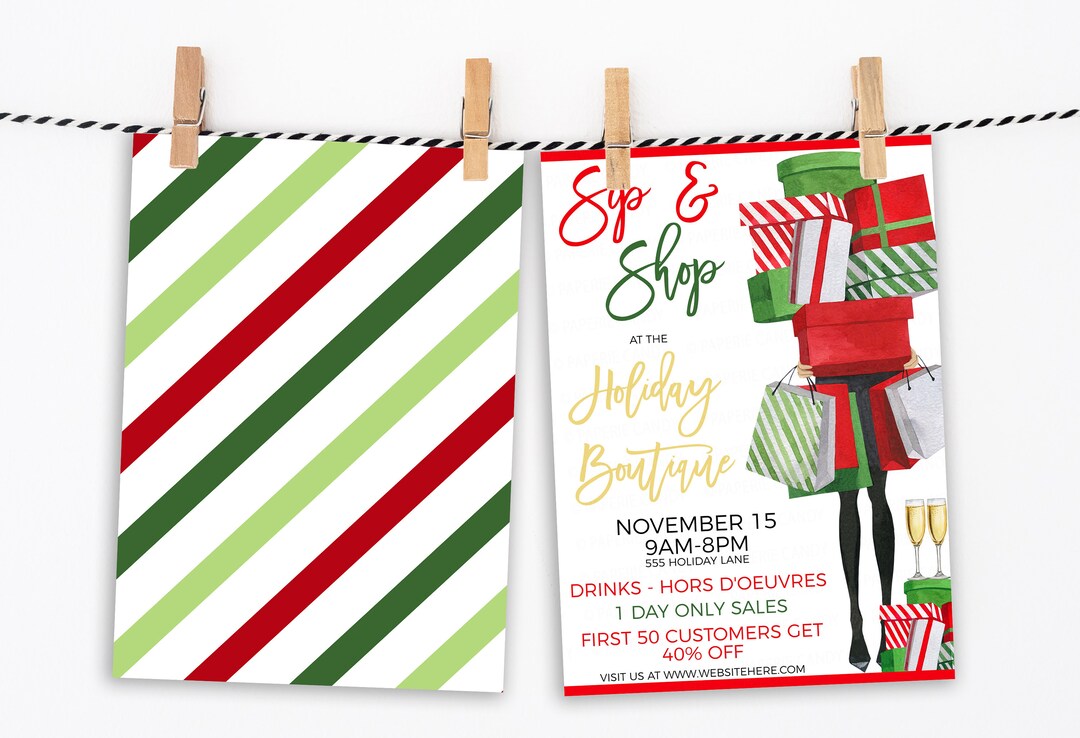 Editable Sip and Shop Invitation, Winter Holiday Christmas Invite ...