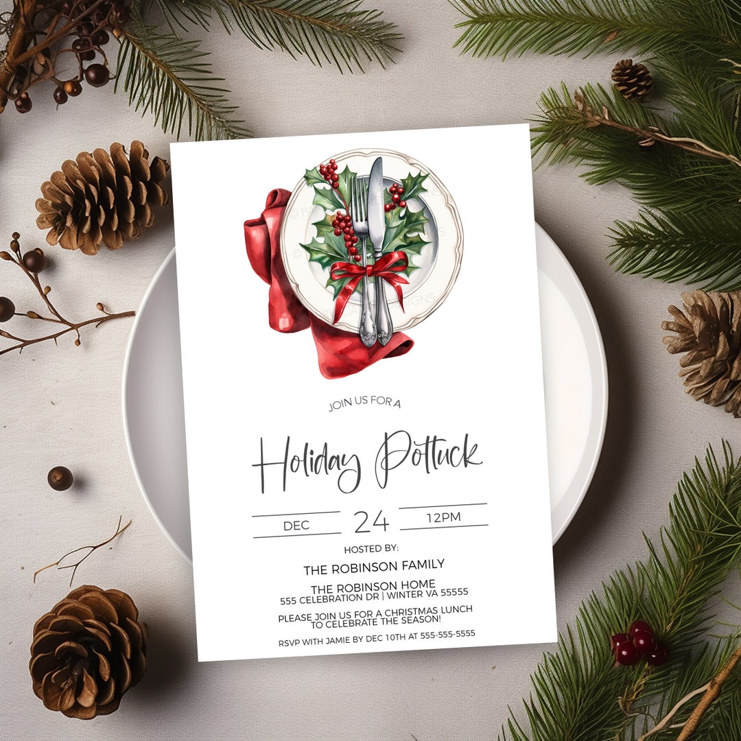 Holiday Potluck Invitation, Christmas Potluck Invite, Winter Dinner ...