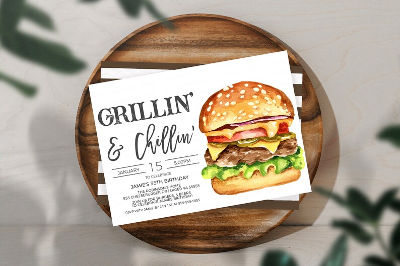 Grillin' and Chillin' Invitation, BBQ Barbeque Invite, Burgers Beer ...