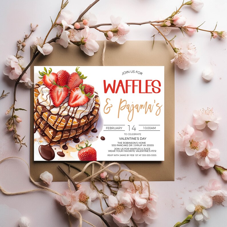 Valentine's Day Waffles & Pajamas Invitation, Editable Valentine Waffle ...