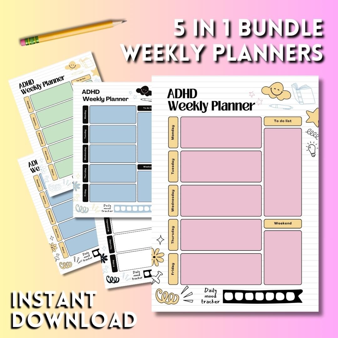Minimal ADHD Daily Weekly Planner | Printable PDF With Mood Tracker ...