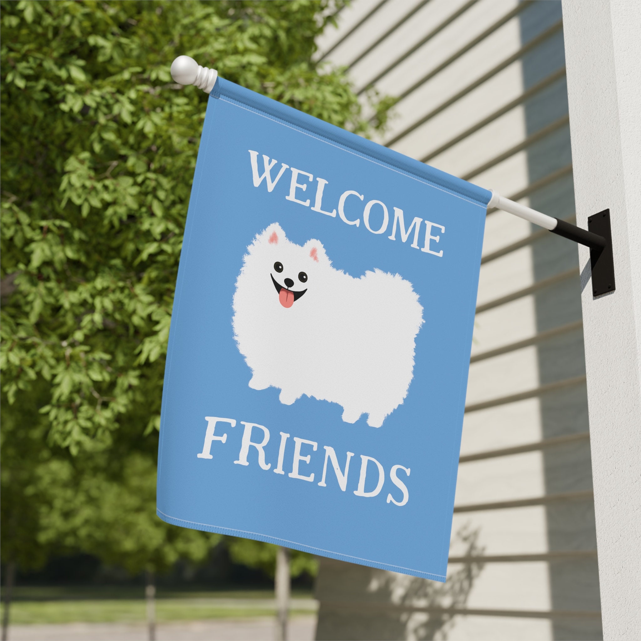 White Pomeranian Welcome Friends Garden Flag Cute Pomeranian Cartoon ...