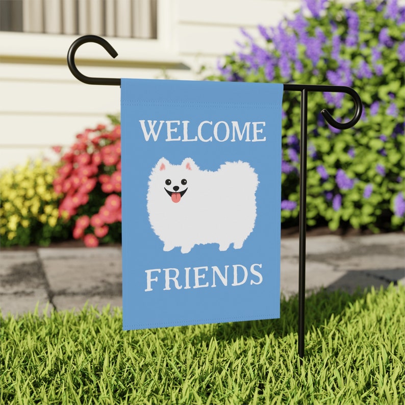White Pomeranian Welcome Friends Garden Flag Cute Pomeranian Cartoon ...