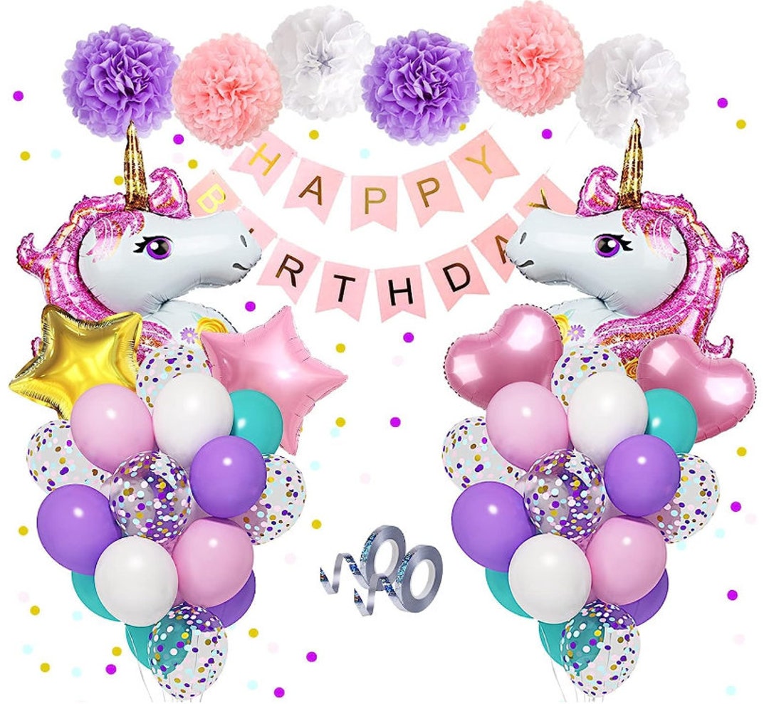 Large Unicorn Balloons Set Purple Pink Balloons Confetti Happy Birthday ...