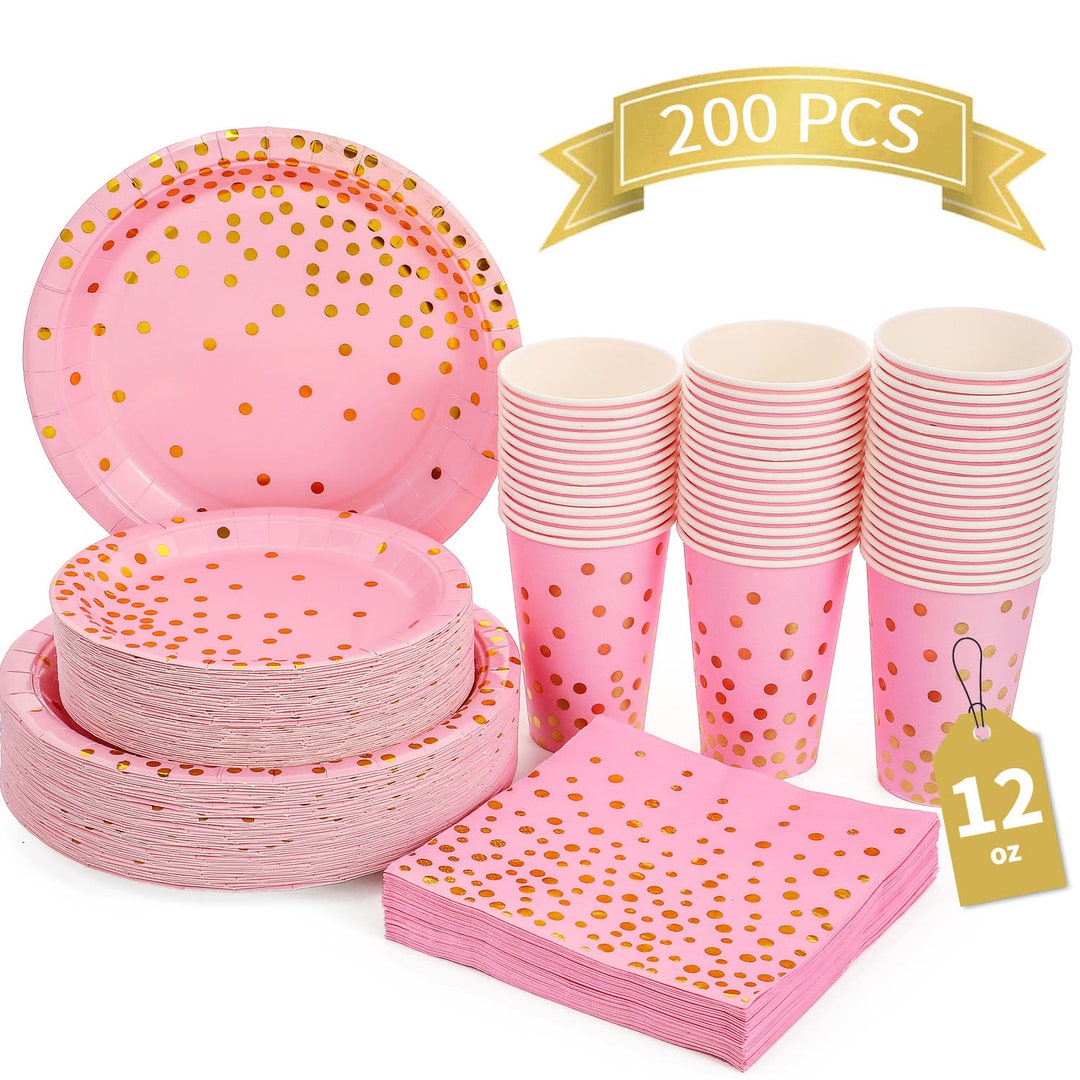 Pink and Gold Party Supplies 200pcs Disposable Paper Set Includes ...