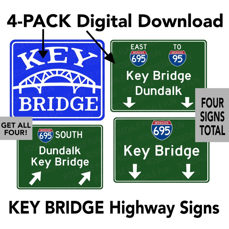 Key Bridge Highway Signs 4-PACK | Interstate 695, I-95, Dundalk Francis ...