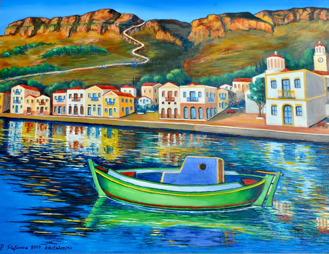 Original Panos Stefanou Art. Green Boat on the Island of Kastellorizo ...