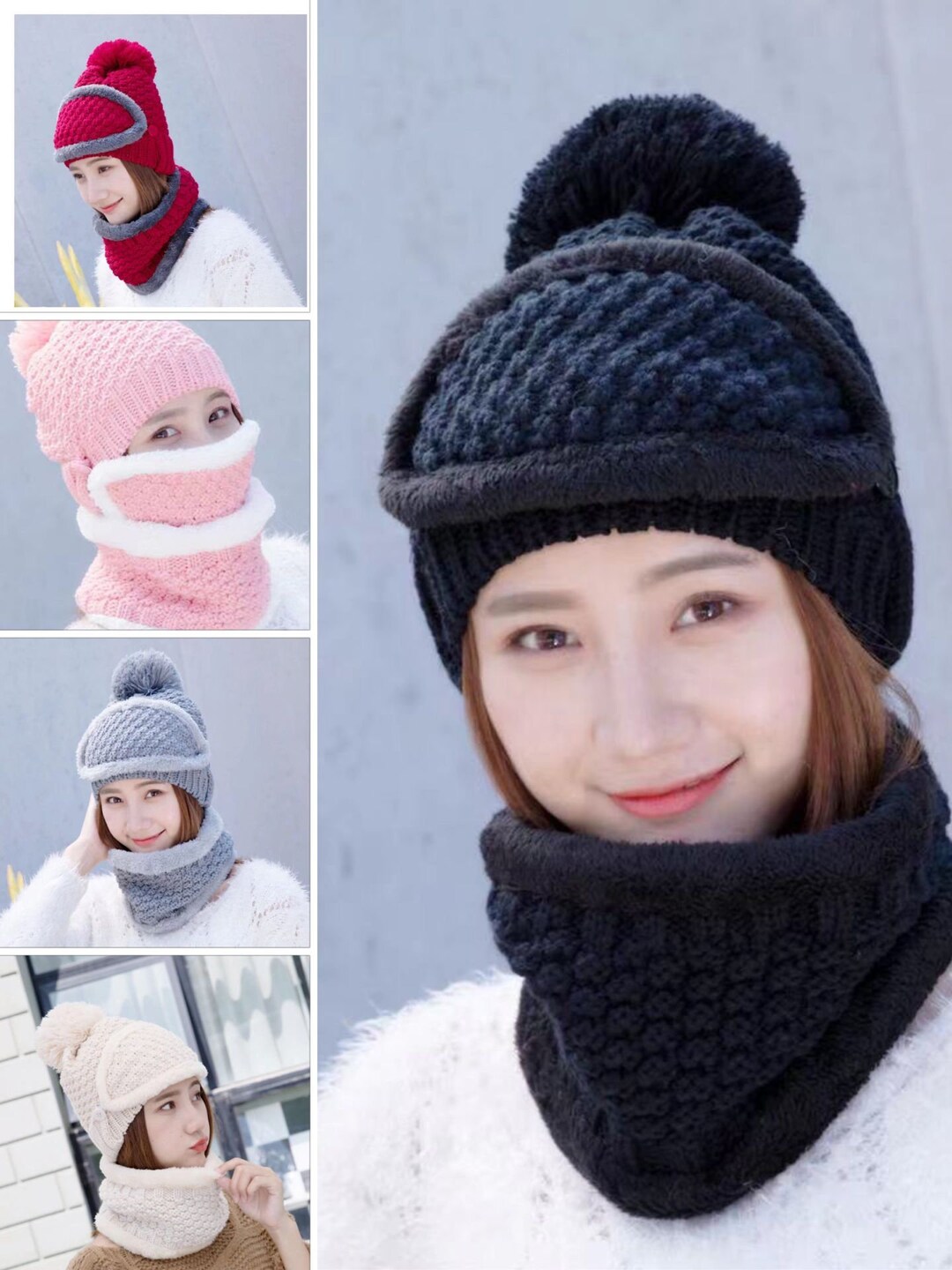 Fashion Winter Knit Beanie Cap Hat Scarf Neck Warmer Face Mouth Mask ...