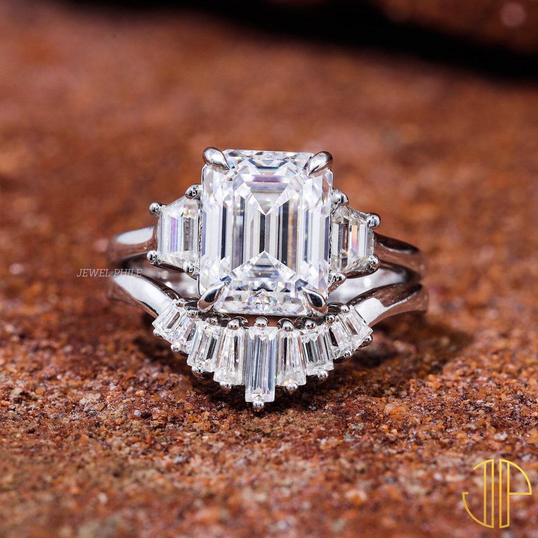 Three Stone Emerald Cut Moissanite Engagement Ring Set Baguette Chevron ...