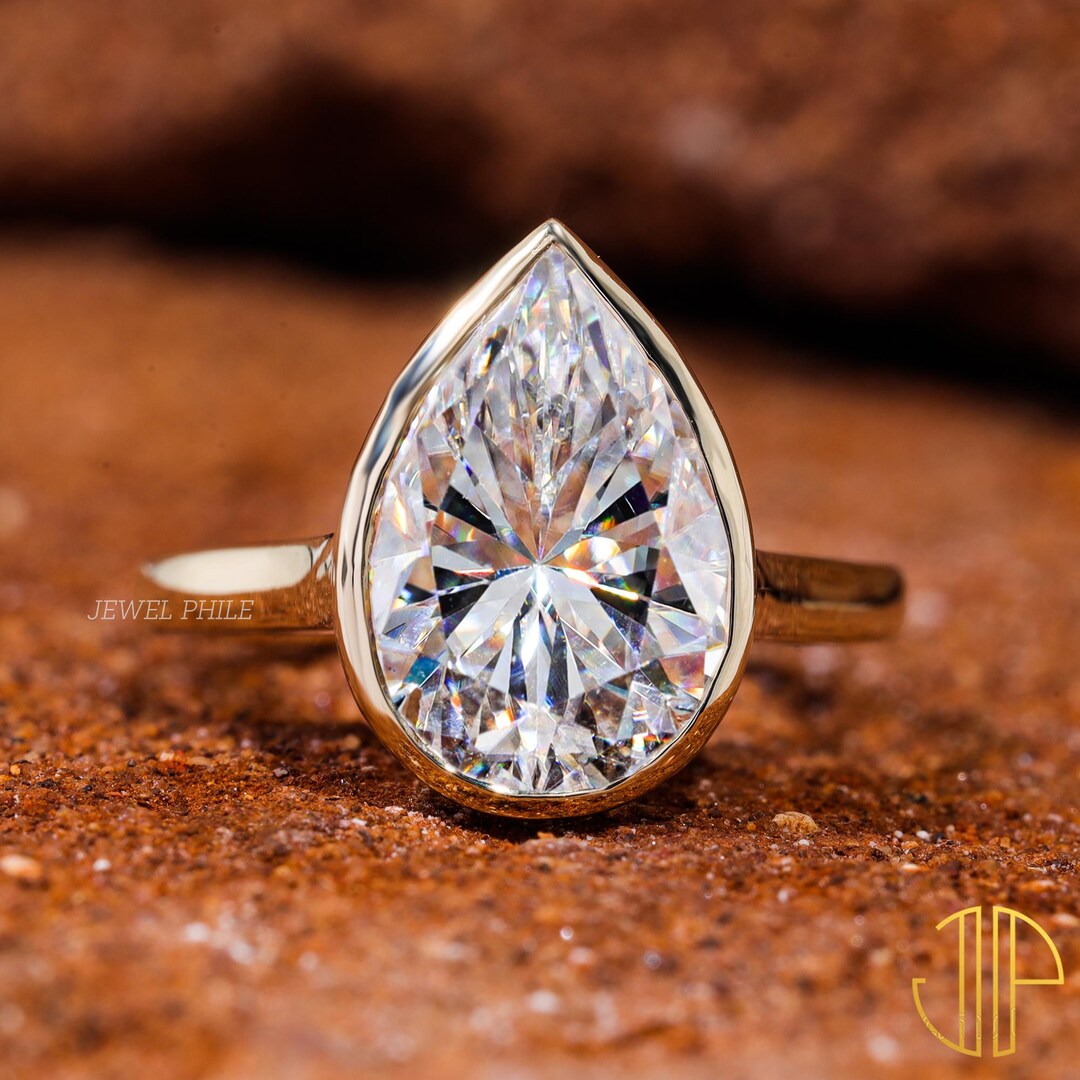 Pear Bezel Engagement Ring in Solid Yellow Gold 3.25 CT Pear Shape ...
