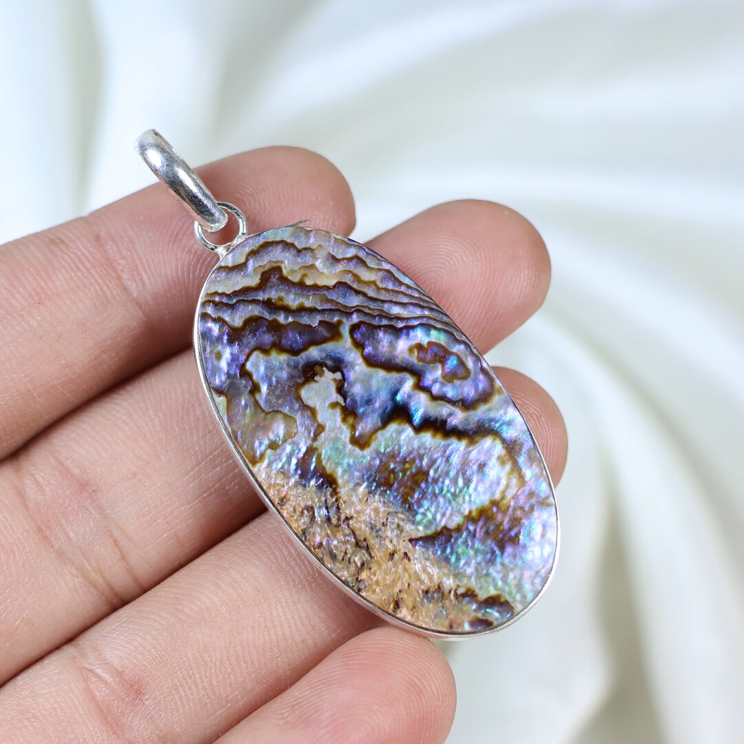 Natural Abalone Shell Pendant, Sterling Silver Pendant, Oval Shape ...