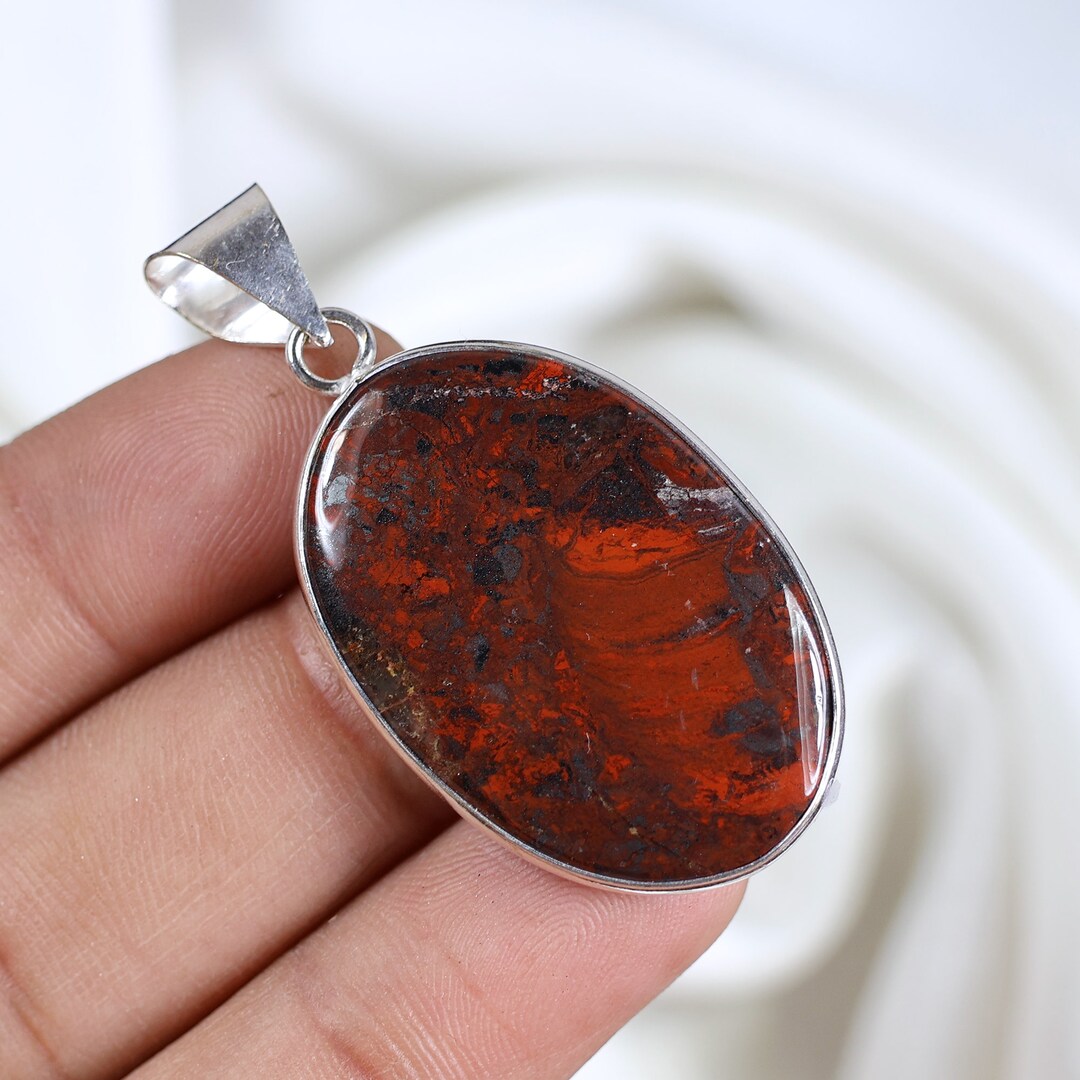 Red Conglomerate Pendant, Silver Pendant, Oval Pendant, Natural ...