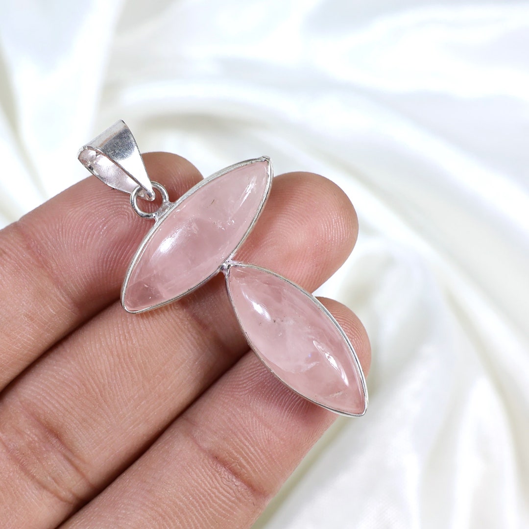 Natural Rose Quartz Pendant, Two Stone Pendant, Bezel Pendant, Sterling ...