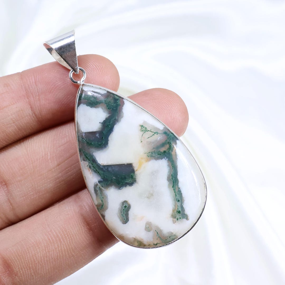 Tree Moss Agate Pendant, Sterling Silver Pendant, Bezel Pendant, Pear ...